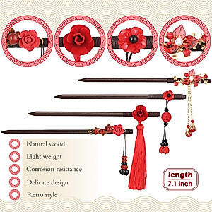 Waydress 4 Pcs Retro Geisha Red Wooden Hairpins Japanese Hair Stick Asian Hair Chopsticks Handmade Flower Tassel Hair Accessories with Tassel for Women Girl Long Hair (Classic Style)