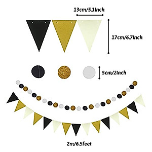 ZERODECO Gold and Black Party Decorations, Hanging Paper Fan Pom Poms Pennant Garland String Banner Fringe Curtains Birthday Parties Graduation Wedding Happy New Year Eve Party Decorations