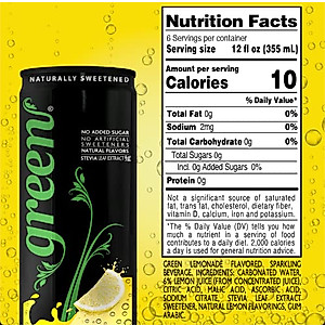 Green Lemonade - No added Sugar, 6% Real Lemon Juice, 10 Calories per can, Naturally Sweetened with 100% Stevia Leaf Extract, Carbonated Soda, 12 Fl Oz each can - Pack of 12