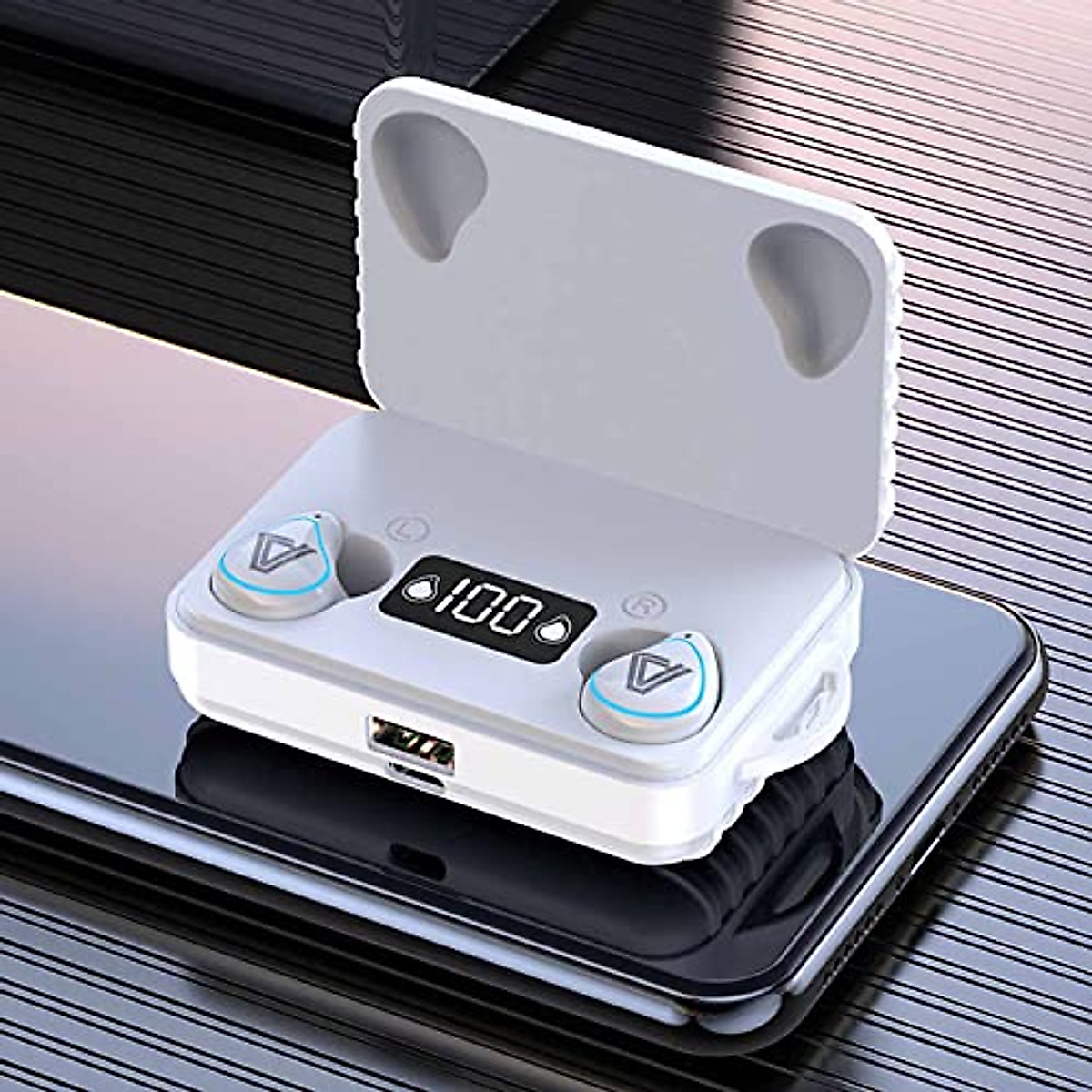 Wireless Bluetooth Headphones, with Charging Case, LCD Display, Noise Cancelling Microphone, HiFi Stereo Sound, 2000 mAh Charging Box, for Sport, Gaming