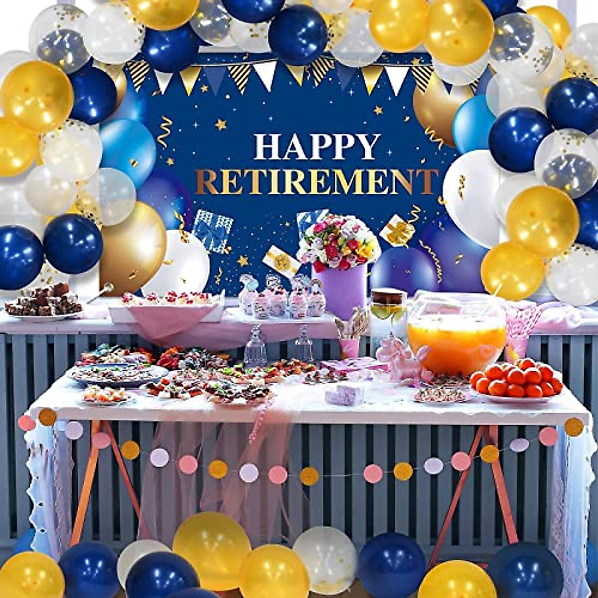 81 Pieces Navy Blue and Gold Retirement Party Supplies Decorations included 80 Pieces 12'' Balloons with 1 Large Happy Retirement Backdrop Banner Set Retirement Party Supplies for Women and Men