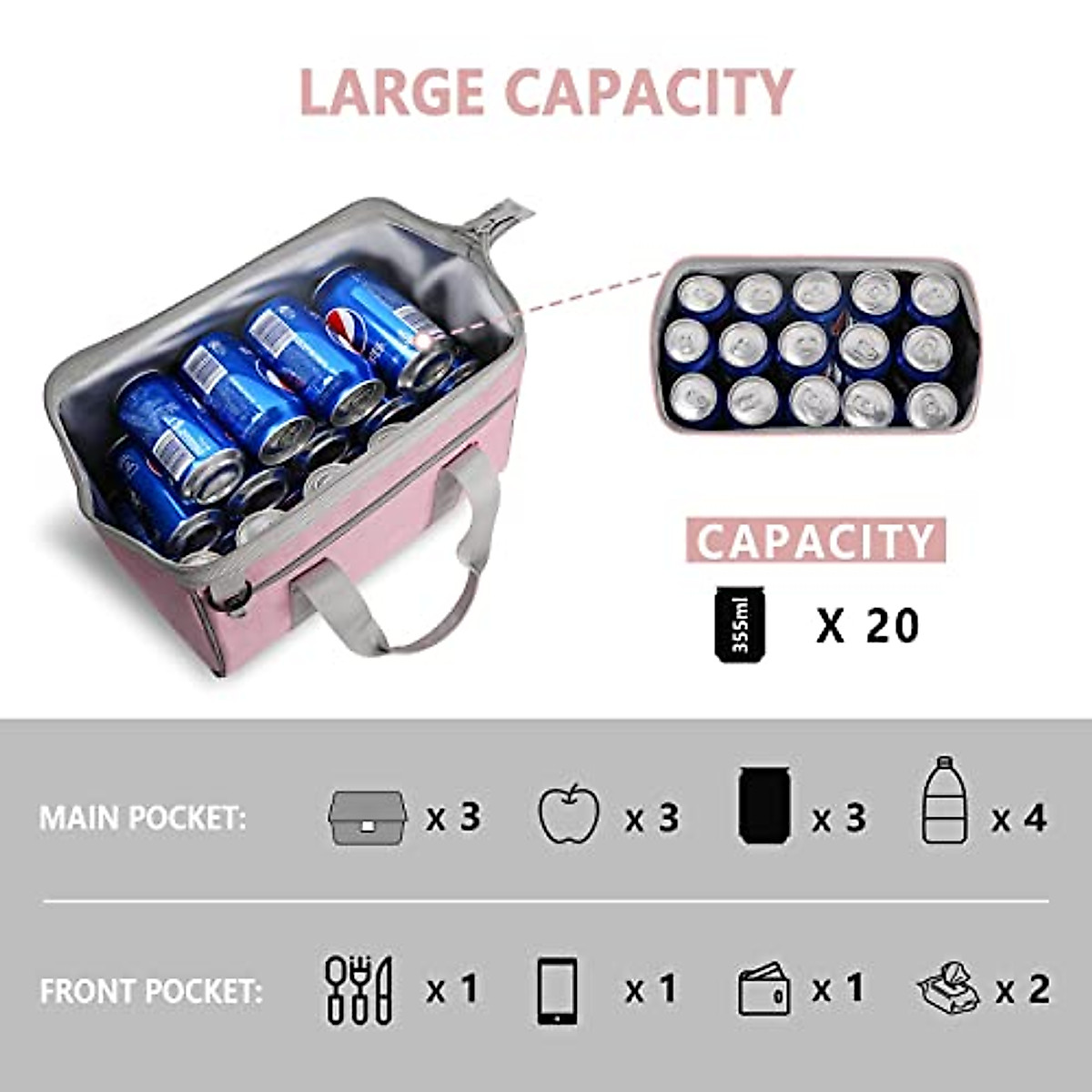 Lunch Box for Men, Insulated Lunch Bag Women, Personalized Reusable Lunch Tote Bag for Office Work, Leak-proof Adult Lunchbox Container Cooler Sack Handbag Case (Pink)