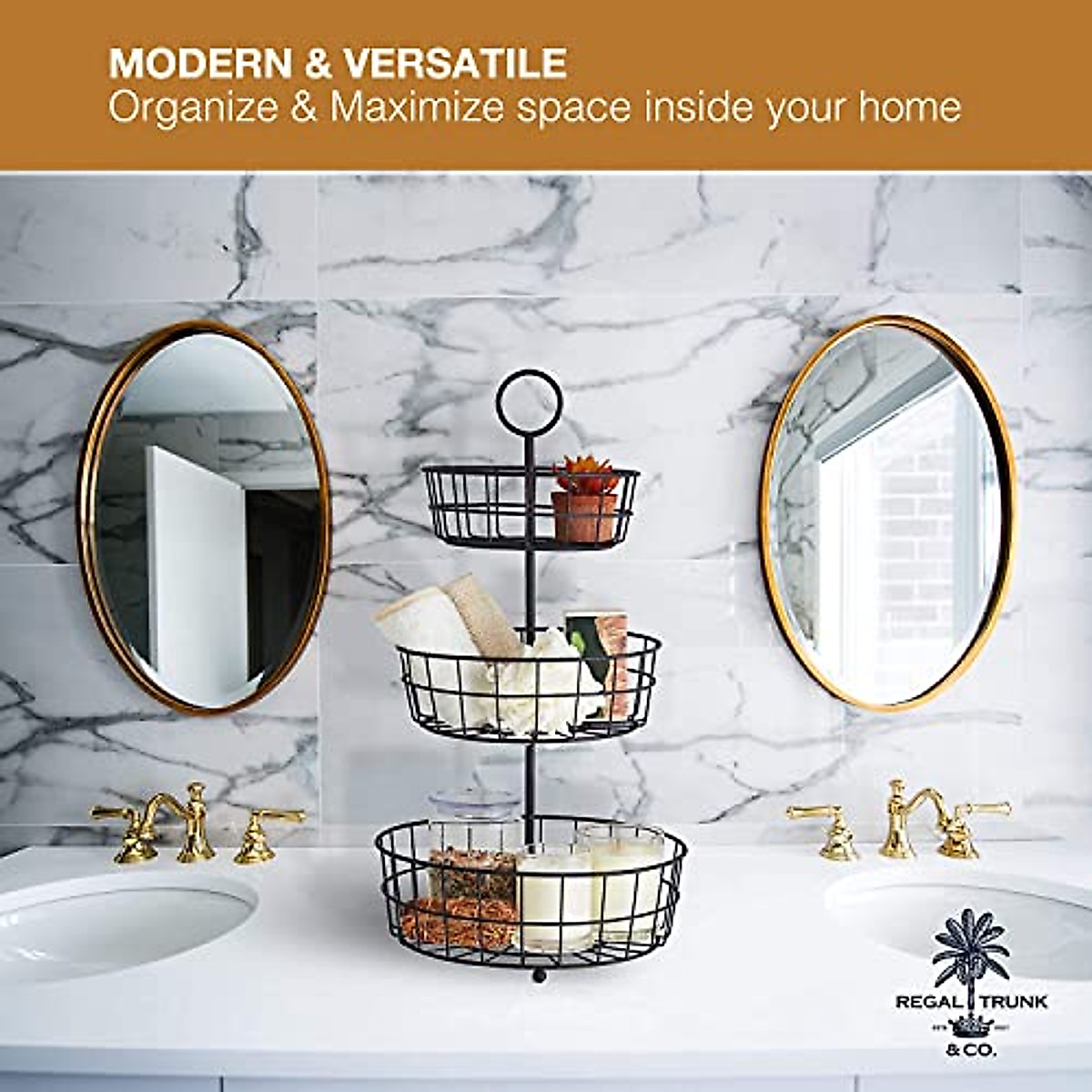 3 Tier Fruit Basket Regal trunk & Co, Elegant French Country Wire Baskets, Three Tiered Wire Basket Stand for Vegetables, Bread & More for Countertop or Hanging, Christmas or Birthday Present