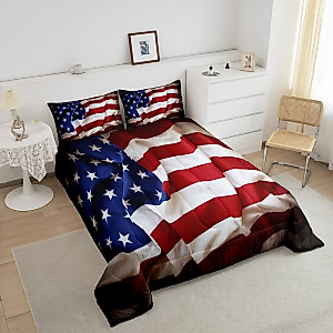 Erosebridal American Flag Comforter Set, United States Down Comforter Queen Size for Kids Boys Teens, USA Federations Stars Bedding Set Geometric Stripes Quilted Duvet for Bedroom, Blue White and Red