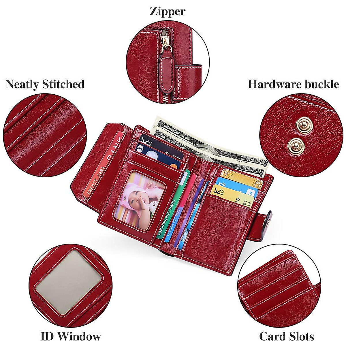 GOIACII Women Wallet RFID Blocking Leather Small Bifold Zipper Pocket Wallet Compact Card Case Purse with ID Window