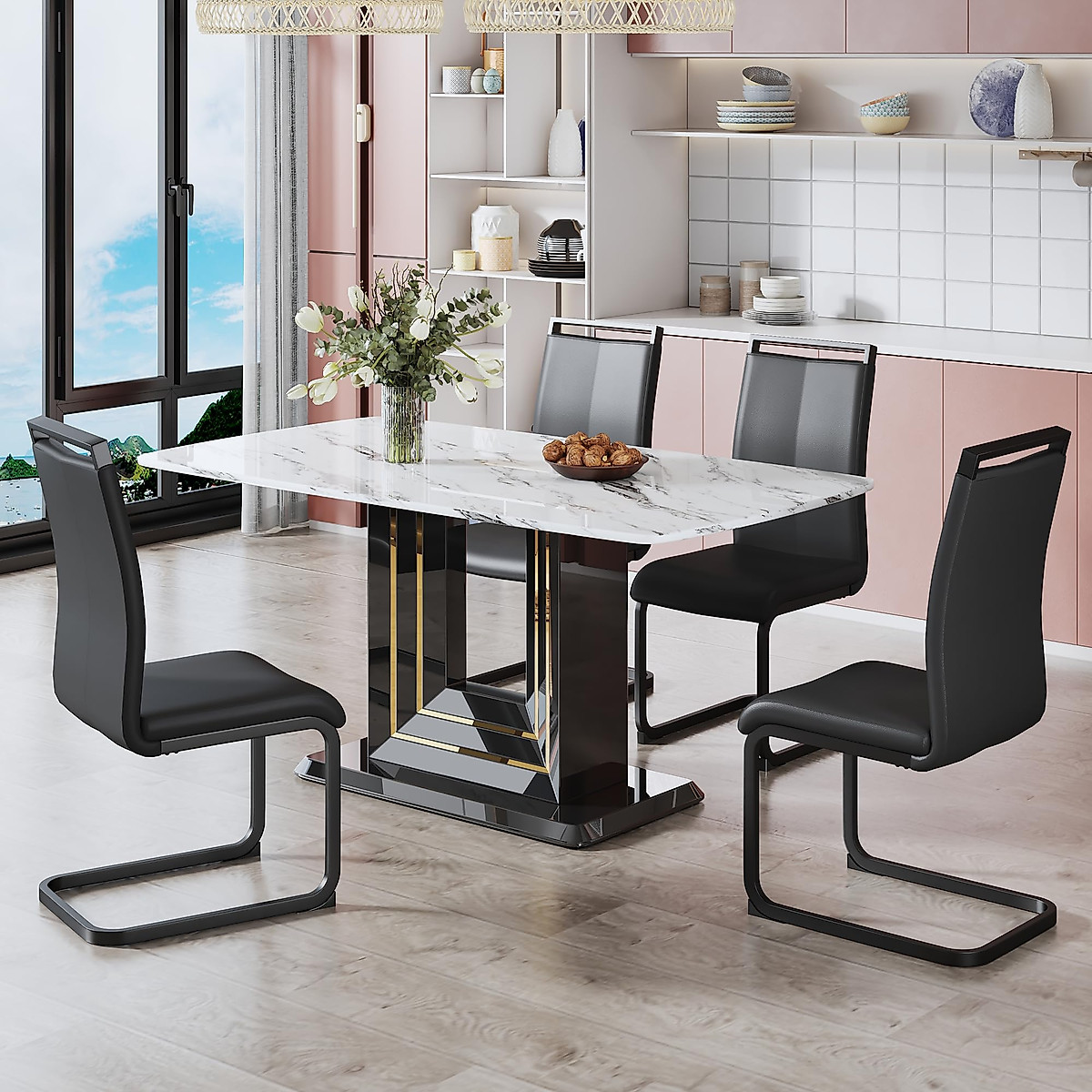 Maotifeys Luxury Faux Marble Dining Table for 6 Rectangular Kitchen Table with Black Gold Pedestal Base Elegant White Marble Dinner Table for 4-6 People in Kitchen Dining Room Office