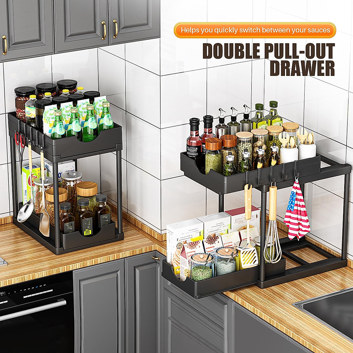 2 Pack Under Sink Organizer with Hooks & Hanging Cups, 2-tier Double Pull-out Drawer Kitchen Under Sink Storage for Canned Sauce, Salad etc, Bathroom Counter Organizer for Spice Makeup Cosmetics