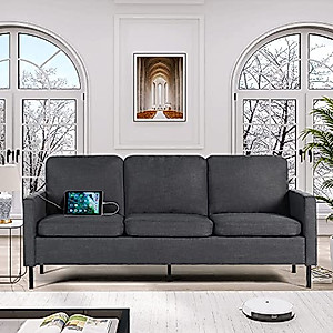 STHOUYN 72" W Sectional Sofa 3 Seat Couch, Mid Century Modern Sofa with 2 USB, Couches Sofas for Living Room Apartment Bedroom, Comfortable Small Couches for Small Spaces (Dark Grey (3-Seater))