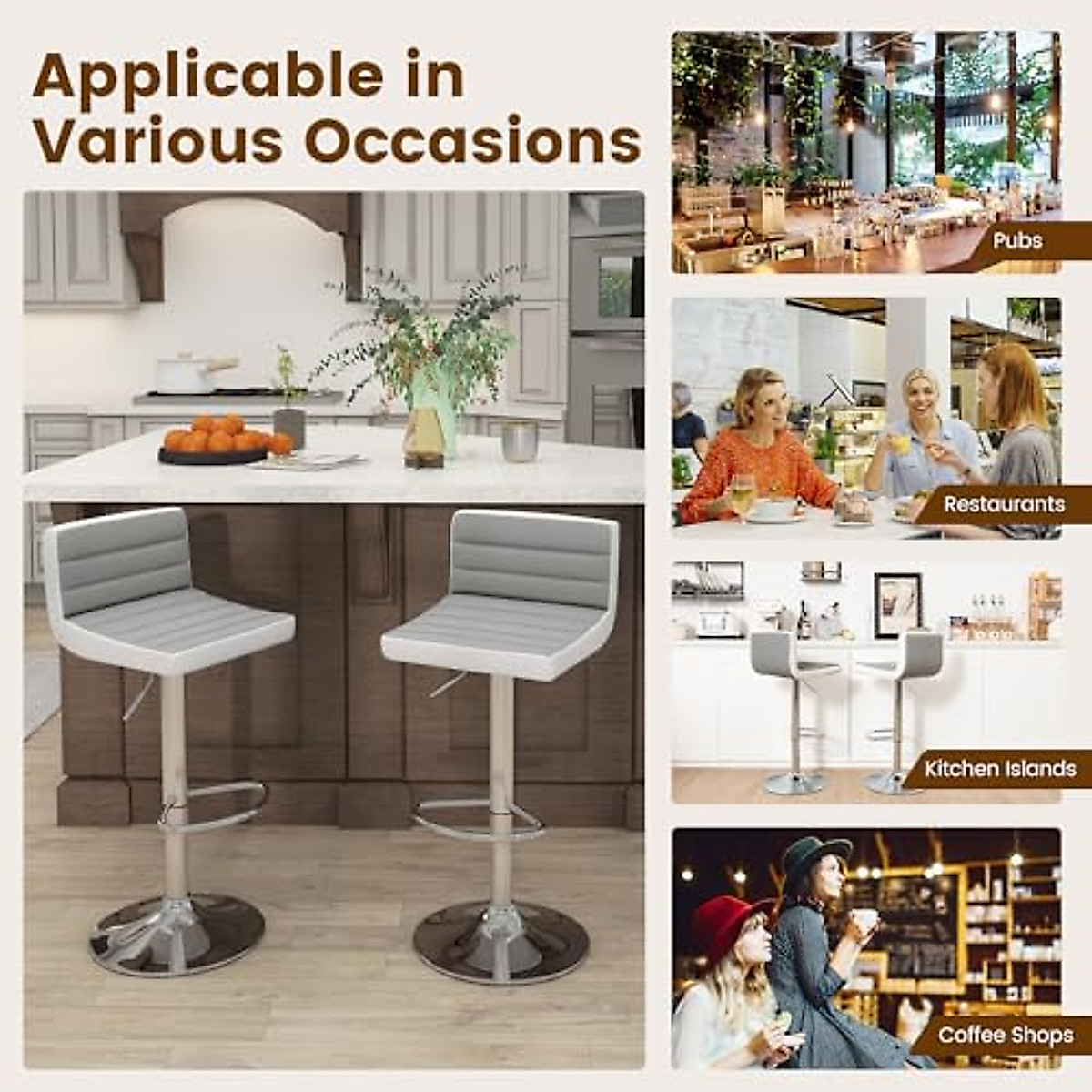COSTWAY Adjustable Bar Stools Set of 4, Modern Swivel PU Leather Bar Chairs with Back, Footrest, Counter Height Upholstered Barstools for Kitchen Island Dining Living Room Bistro Pub Cafe, Grey+White