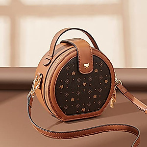 Round Handbag for Women, PVC Faux Leather Ladies Crossbody Purses and Handbags Vegan Leather Purse Round Signature Monogram Satchel Bag, Brown