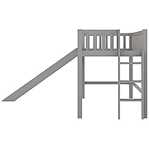 KoiHome Twin Size Low Loft Bed with Ladder and Slide, Wood Bed with Full-Length Guardrail & Built-in Solid Slat Support for Kids Girl Boy Teens Bedroom, Space-Saving Design, No Box Spring Needed, Gray