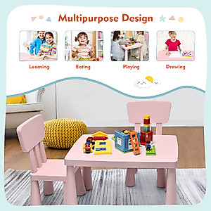 HOMGX Toddler Table and Chair Set, Plastic Kid Activity Table & 2 Chairs, 3-Piece Children Playroom Furniture Set for Reading, Writing & Painting, Kids Table and Chair Set for Age 3-7 (Pink)