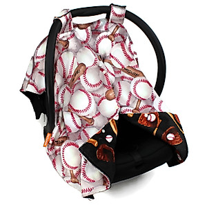 Dear Baby Gear Deluxe Reversible Car Seat Canopy, Custom Minky Print, Baseball Bat Glove