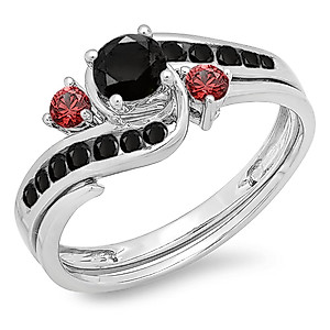 Dazzlingrock Collection 10K Black Diamond & Red Ruby Side Stones Swirl Wedding Ring Set, White Gold, Size 8.5