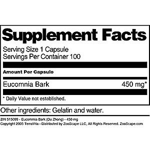Eucommia Bark (Du Zhong) - 450 mg (100 Capsules, ZIN: 515099)