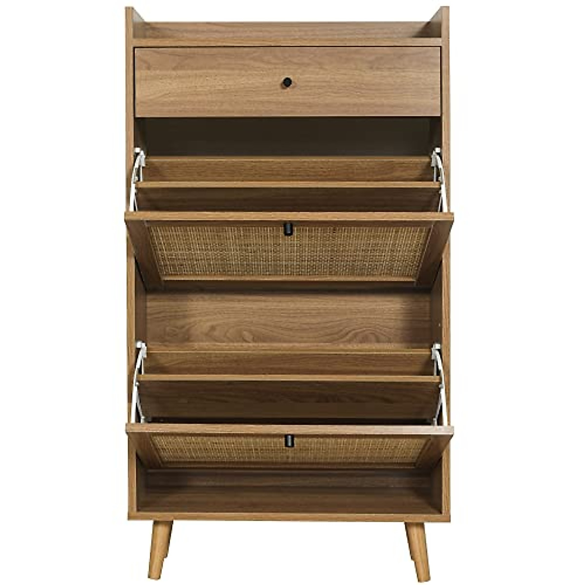 SSLine Shoe Cabinet with 2 Flip Down Storage Shelves and Drawer Free-Standing Shoe Rack Rustic Walnut Wood Shoe Storage Organizer with Unique Rattan Door for Entryway Hallway Doorway Small Space