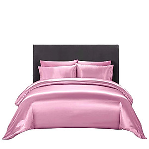 Opulence Bedding Silk Satin Duvet Cover Set Queen 3 Piece (Duvet Cover + 2 Pillowcases) Duvet Cover Queen Size Pink Satin Comforter Cover Zipper Closure