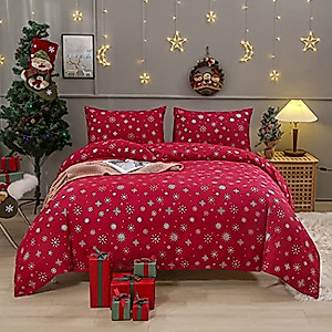 LAMEJOR Christmas Red Duvet Cover Set Queen Size Silver Metallic Print, Foil Print Glitter Snowfalke Pattern, 3-Piece Soft Bedding Set 1 Duvet Cover+2 Pillow Cases