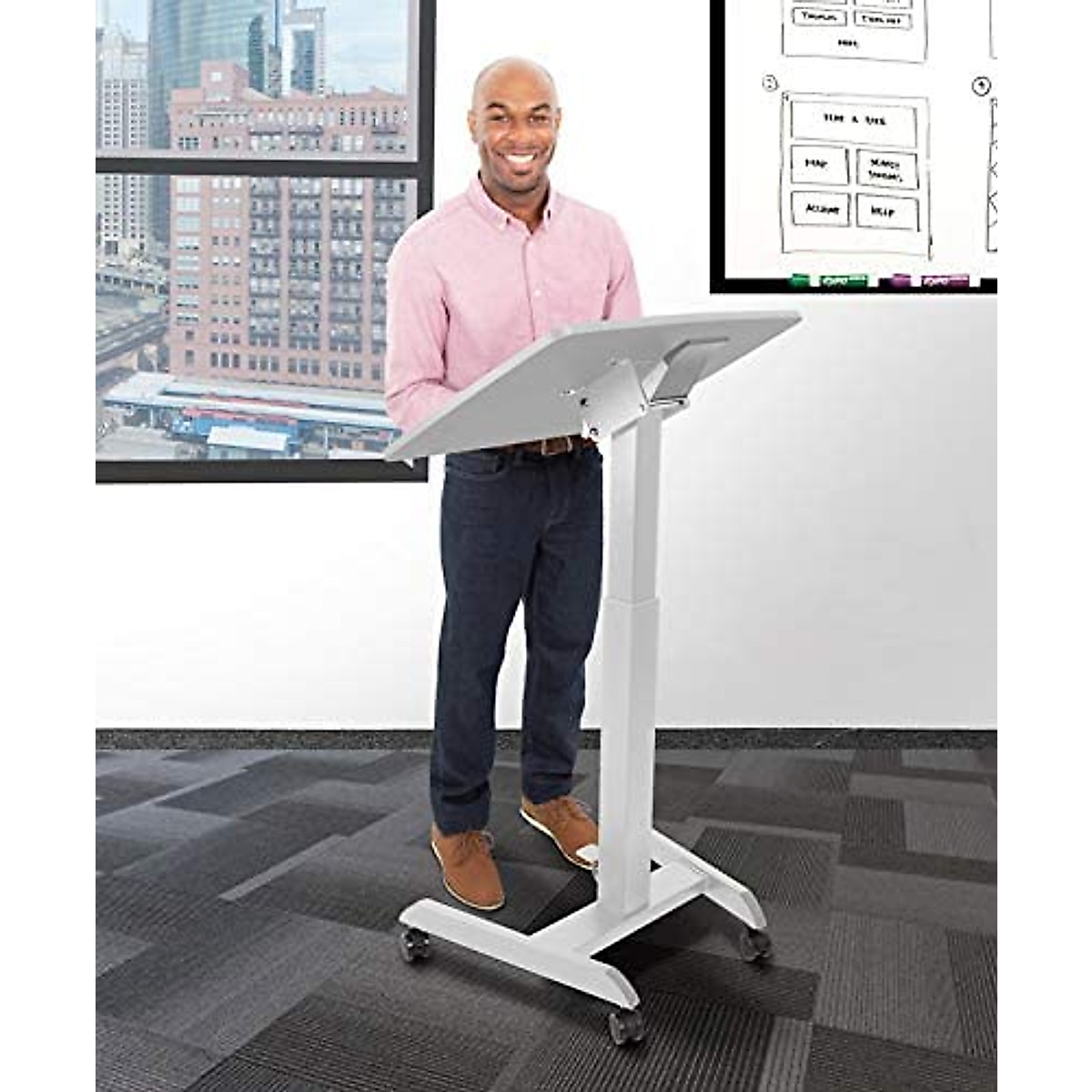 Stand Steady Multifunctional Mobile Podium Desk | Portable Sit to Stand Lectern with Pneumatic Height Adjustment & Tilting Desktop | Rolling Laptop Stand | Mobile Desk for School, Home, Office (White)