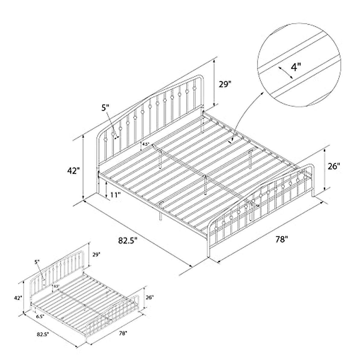 Novogratz Bushwick Metal Bed, Modern Design, King Size - Black