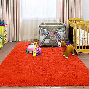 Comeet Super Soft Bedroom Rug Fluffy Carpets, 4 x 6 Feet, Orange Shaggy Area Rug for Living Room Bedroom Baby Room, Non-Slip Indoor Room Carpet for Kids Boys Girls Teen Nursery Dorm Home Decor