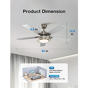 warmiplanet Ceiling Fans with Lights and Remote Control, 52 Inch, 6 Speeds Reversible DC Motor, 3 Color Dimmable Light, Timer, Noiseless, Brushed Nickel, 5 Blades, 2 Pack