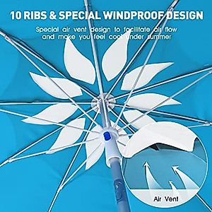 Portable Beach Umbrella for Sand: 7FT Arc Length 6.5FT Diameter Outdoor Umbrella with Anchor Heavy Duty and Adjustable Tilt Pole - UV 50+ Windproof Beach Umbrella with Carry Bag for Beach, Patio, Garden