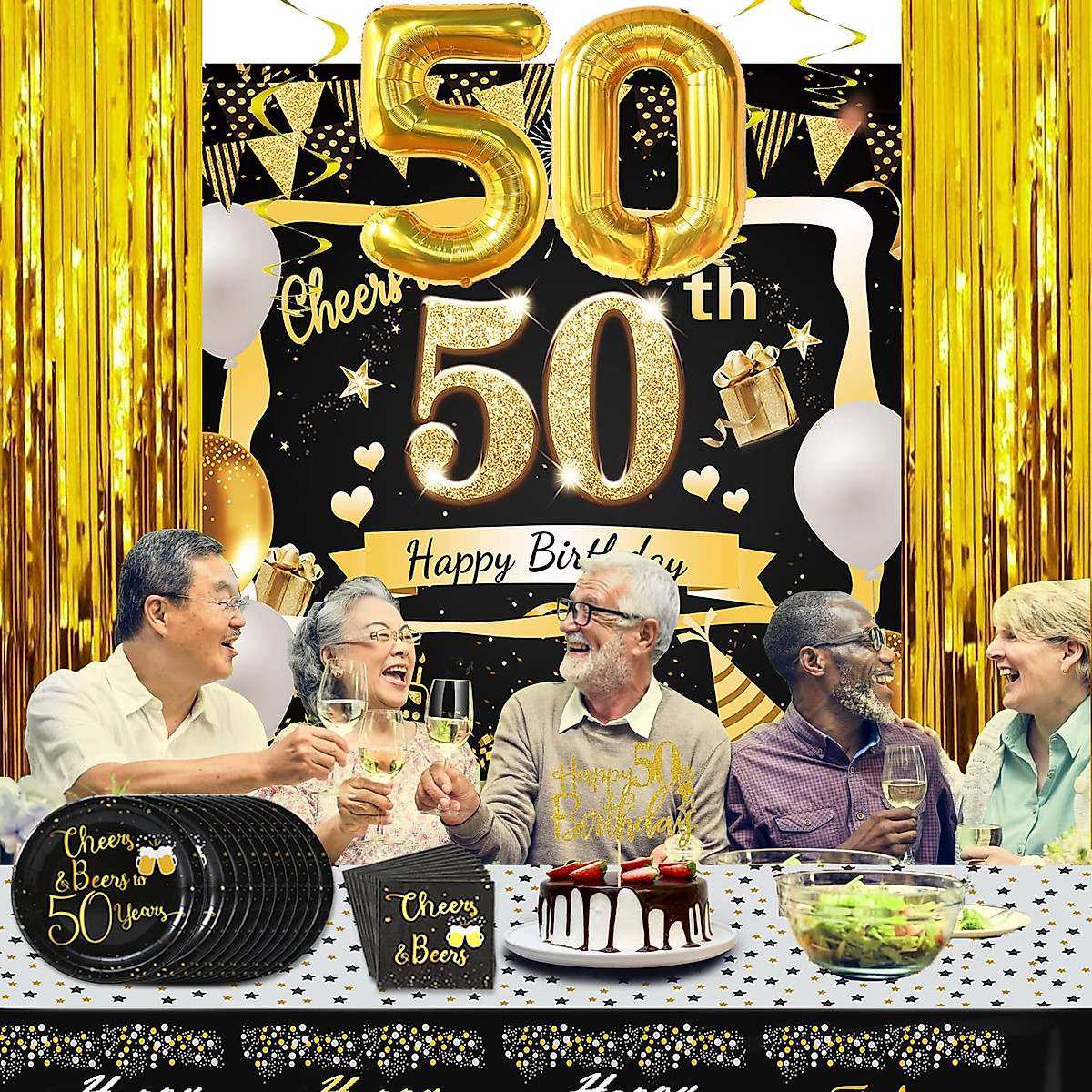 50th Birthday Decorations for Men Women,90 PCS Black Gold 50th and Fabulous Birthday Decorations,Including 50th Birthday Banner Backdrop,Crown,Balloons,Plates, Photo Props, Sash,50th Birthday Gifts