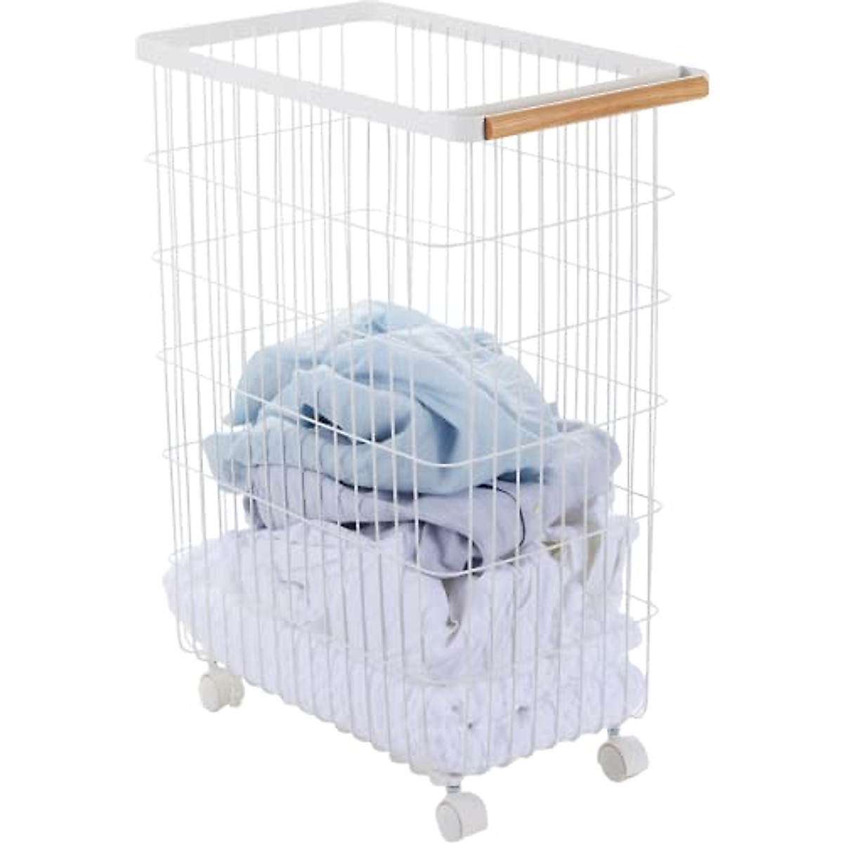 Yamazaki Home Wire Slim Saving Rolling Wheeled Clothing Hamper | Steel + Wood | Laundry Basket, One Size, White