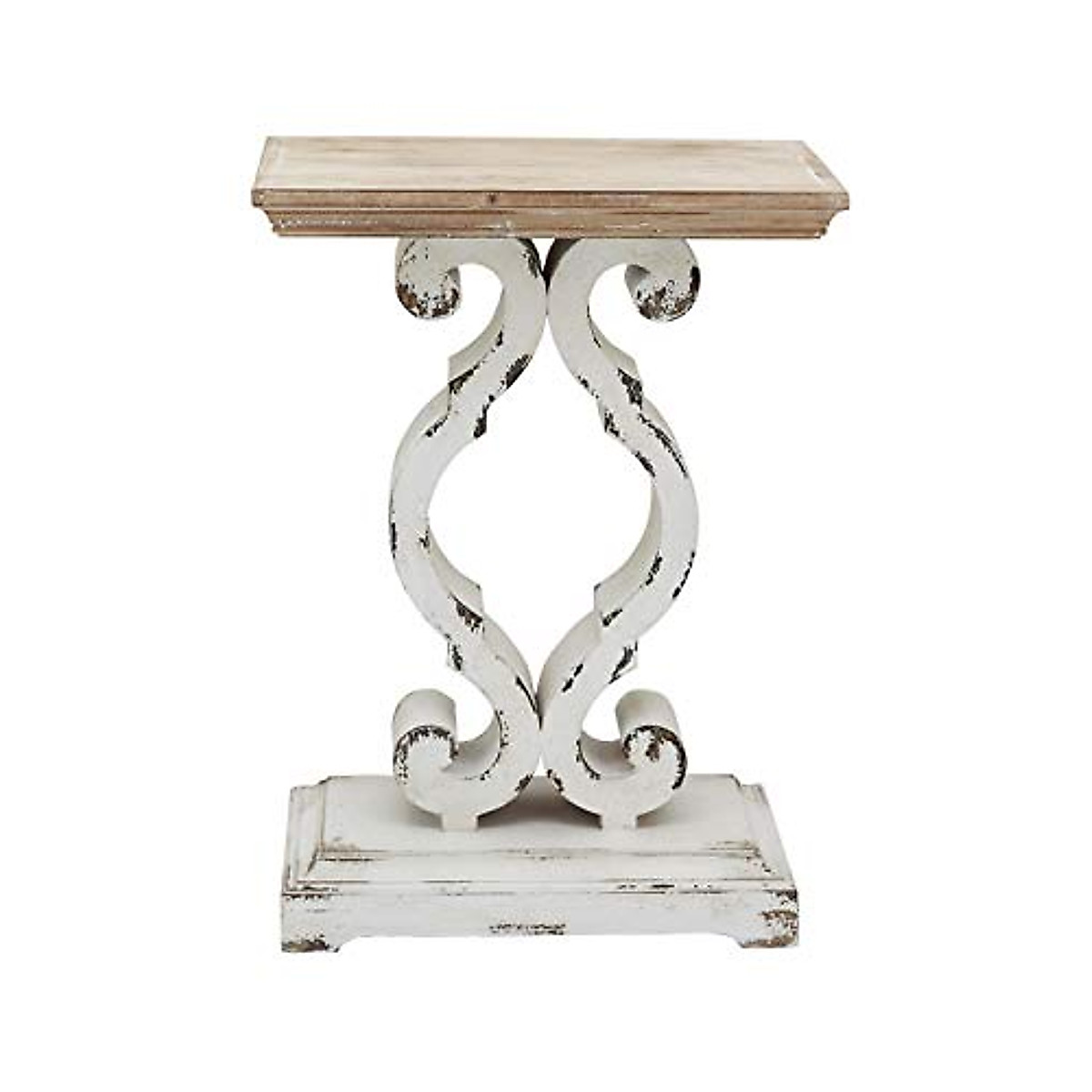 French Country Accent Wood Rectangle End Table, Farmhouse Rustic Wood Side Table with Natural Wood Top and Distressed White Carved Base, Vintage Table for Slim Spaces, 19.75 x 11.75 x 27.5 Inches