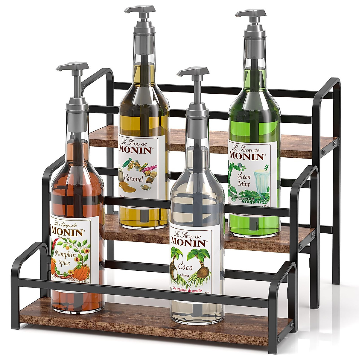 Coffee Syrup Organizer 3-Tier, 12 Bottles Capacity Syrup Rack for Coffee Bar Station, Wine Rack for Countertop, Tiered Spice Racks for Cabinet, Bottle Display Shelf Magnetic one-Step Installation