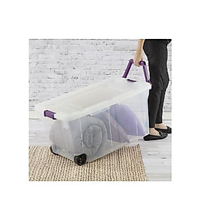 Generic 2PCS 40 Gallon Industrial Tote Plastic Storage Bins Wheeled Large Storage Box Set, Clear And Purple