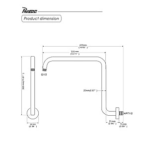 PHASAT S Shaped Shower Arm, 16.65 Inches High Rise Shower Arm with Flange,Shower Head Extension Arm Replacement,Shower Arm Extension Brushed Nickel,PU9L02