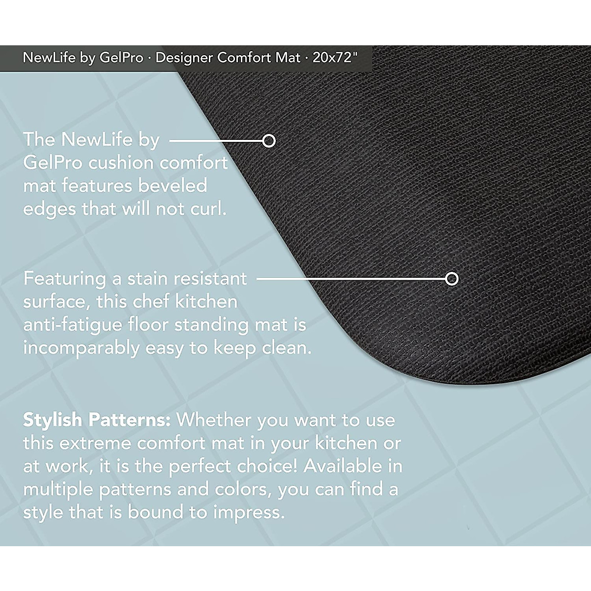 GelPro NewLife Designer Comfort Ergo-Foam Cushioned Anti-Fatigue Kitchen Floor Mat, Stain-Resistant, Waterproof, Non-Slip Padded Desk/Office Mat, 20" x 72", Grasscloth Charcoal