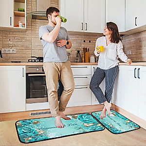 Emelivor Teal Rose Turquoise Kitchen Rugs and Mats Set 2 Piece Non Slip Washable Runner Rug Set of 2 for Kitchen Floor Home Decorative Laundry Hear of Home Seasoned Love