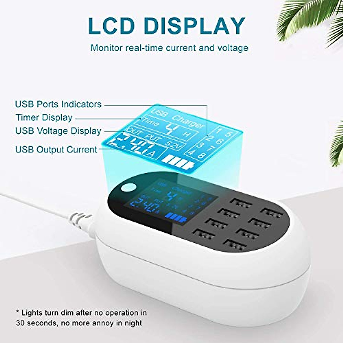 USB Charger Station with Timer Function on/Off Switch 60W/12A 8-Port Fast Charging Station Hub Digital Display Desk Charging Block for Cell Phone Tablet Multiple Devices