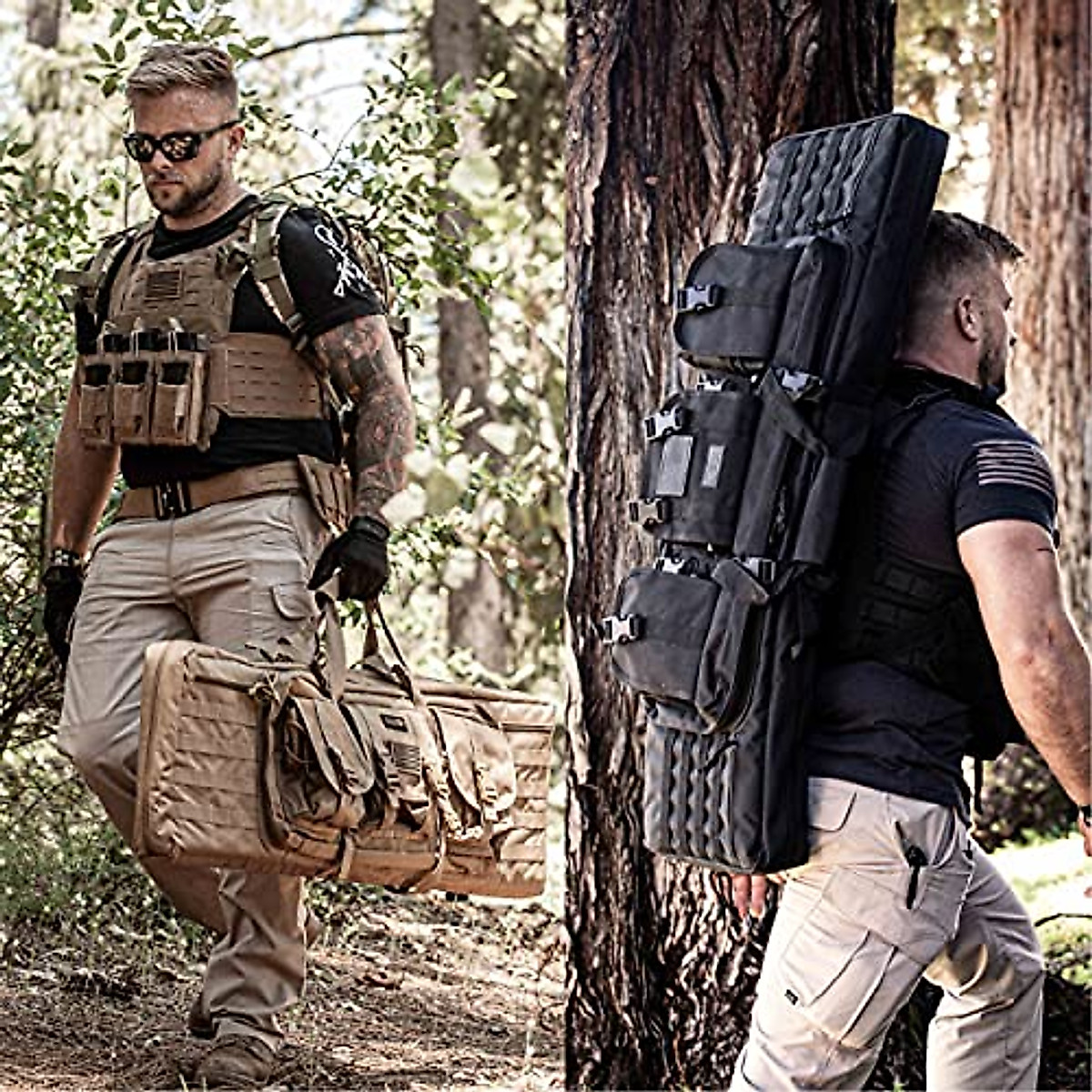 Tacticon Double R i f l e Bag | 2 R i f l e s + 2 Pistols Tuckable Backpack Straps | COMBAT VETERAN OWNED COMPANY | Waterproof Padded Lockable Carbine(Flat Dark Earth Tan, 36" x 12" Double Case)