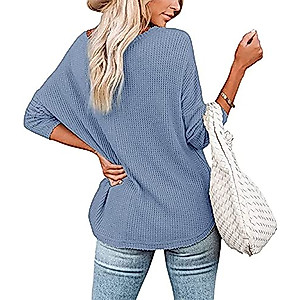 Fronage Womens Waffle Knit Tunic Tops V Neck Long Sleeve Casual Loose Pullover Blouses Shirts (Blue, Medium)