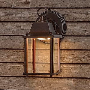 Maxxima LED Porch Lantern Outdoor Wall Light - Aged Bronze with Clear Glass, 3000K Warm White, 650 Lumens, Dusk to Dawn Photocell Light Sensor, Patio or Porch Sconce Fixture, Exterior Lighting - Brown