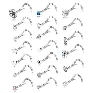Tornito 20G 20Pcs Nose Ring CZ Nose Stud Retainer Screw Labret Nose Piercing Jewelry Set Stainless Steel Silver Tone