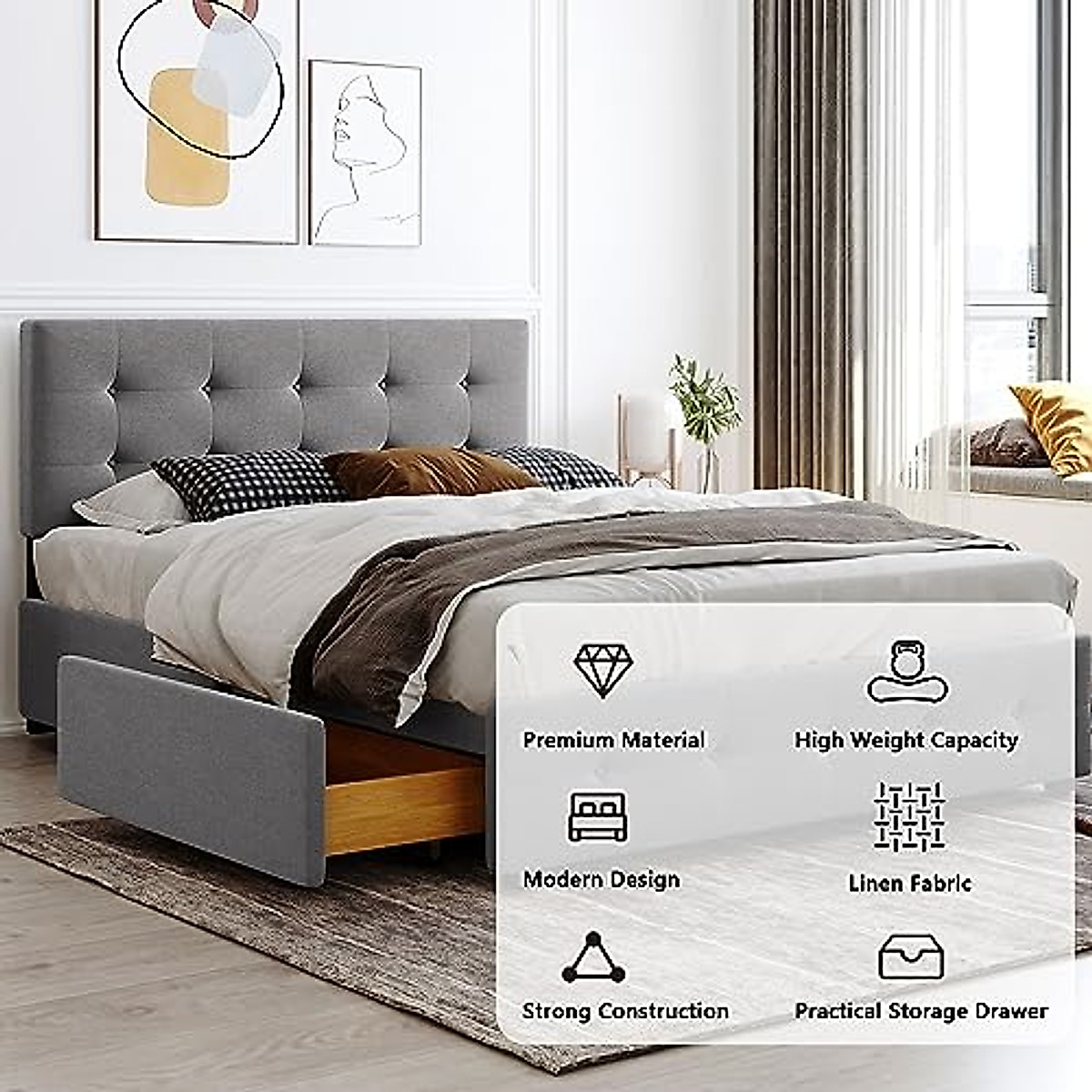 AMFSQJ Queen Size Upholstered Bed with 2 Drawer and 1 Twin Size Trundle Bed, Bedroom Platform Bed with Linen Fabric, Wooden Slat Frame, Wood Platform Bed for Teen, Adult (Light Gray)