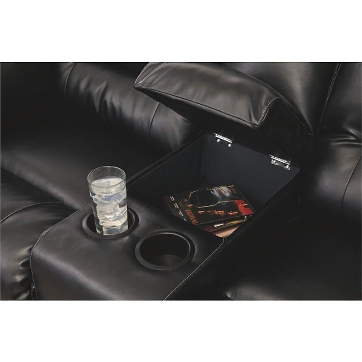 Signature Design by Ashley Vacherie Faux Leather Manual Pull-Tab Double Reclining Loveseat with Center Console, Black