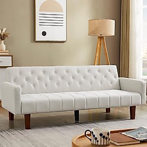 VIPNEW Folding Futon Sofa Bed, Loveseat Convertible Sleeper Sofa Couch, Tufted Upholstered Deep Seat Sofa with Solid Wood Legs for Living Room, Bedroom, Apartment, Black