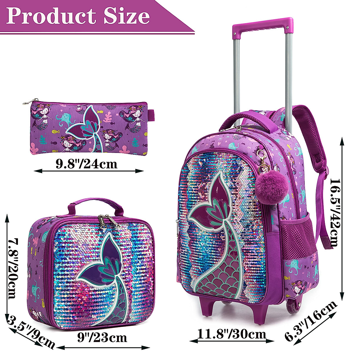 Mermaid Rolling Backpack for Gilrs Backpacks with Wheels for Elementary School Bag Trolley Trips Kids Luggage with Lunch Box for Preschool Students