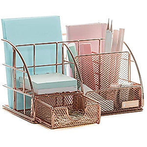 rosework Rose Gold Desk Organizer for Women, Mesh Office Supplies Desk Accessories, Features 5 Compartments + 1 Mini Sliding Drawer