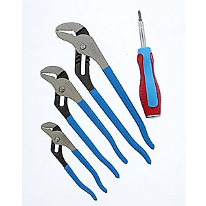 Channellock GS-3S 3 Piece Straight Jaw Tongue and Groove Pliers Set with bonus 6-in-1 CODE BLUE Screwdriver | Laser Heat-Treated 90° Teeth| Forged from High Carbon Steel | Pliers Made in USA