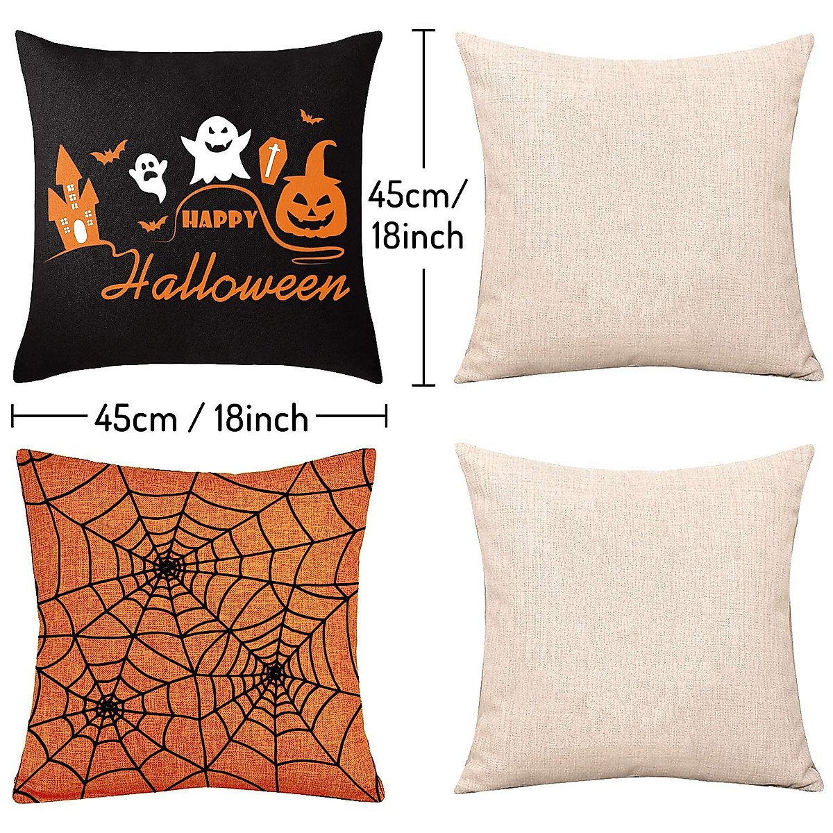 Whaline 4 Pieces Halloween Pillow Case, Orange and Black Pillow Cover, Happy Halloween Linen Sofa Bed Throw Cushion Cover Decoration (18" x 18")