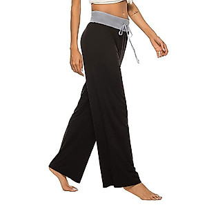 NEWCOSPLAY Women's Comfy Pajama Pants Casual Drawstring Palazzo Lounge Wide Leg Pants (Pure-Black, Large)