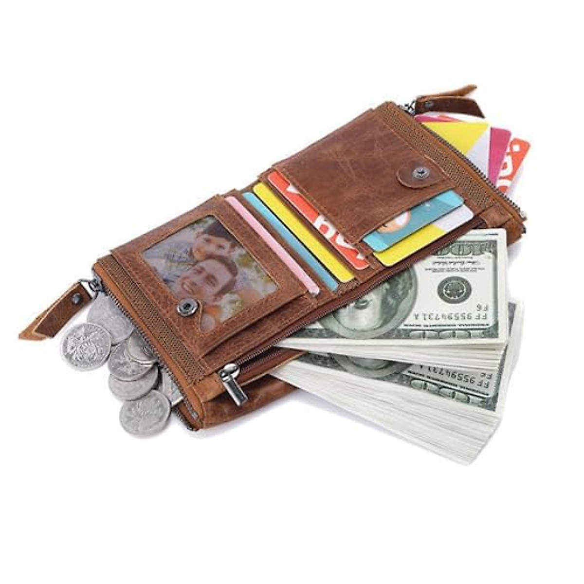 Genuine Leather Elegant Wallet, Unisex,Double exterior zipper coins,internal zip,1 x 4 x 4.7 inches,Slots for identification and several cards,closing and opening button,Elegant black gift box (Brown)