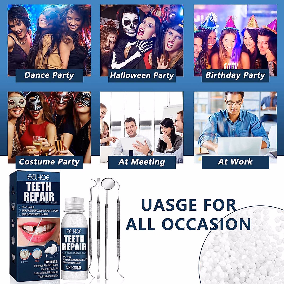 Teeth Repair Kit,Tooth Repair Kit for Missing Teeth, Cavity Filler for Teeth,Temp Tooth Beads with 4 Dental Tools, Repair Missing or Broken Teeth, Snap On Instant and Confident Smile